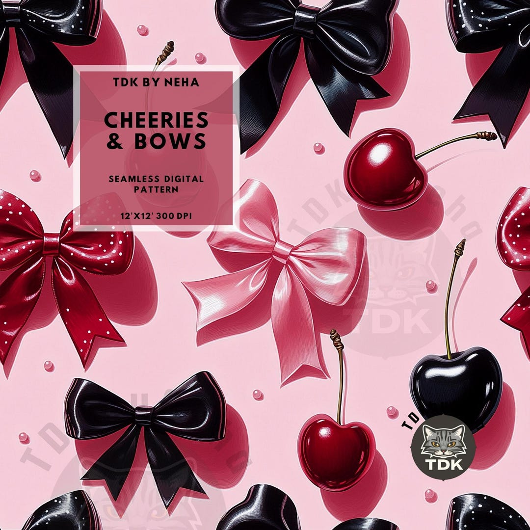 Black Cherry and Coquette Bow Seamless Pattern, 3D Valentines ...