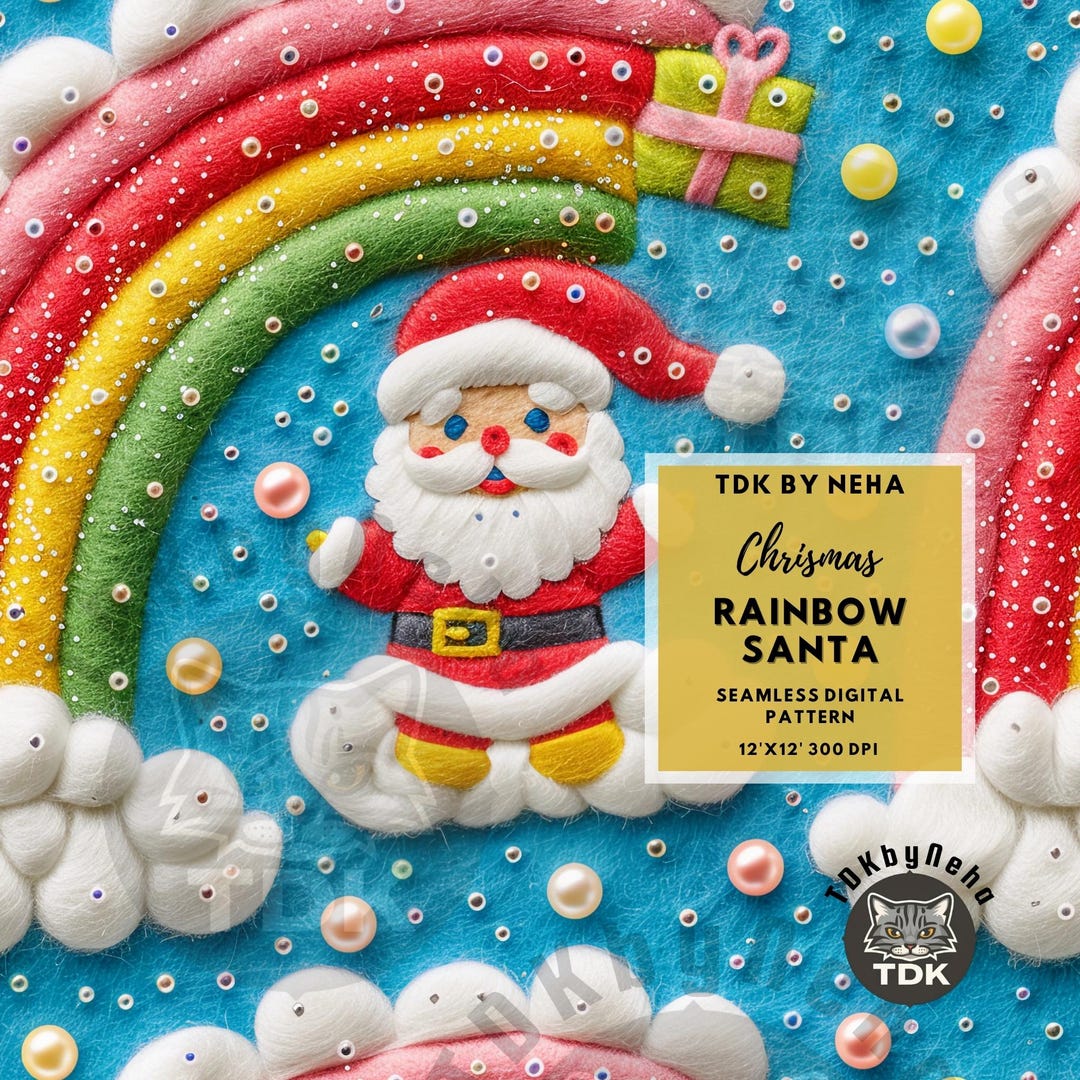 Rainbow Santa Claus Embroidery Seamless Digital Paper for Fabric Print ...