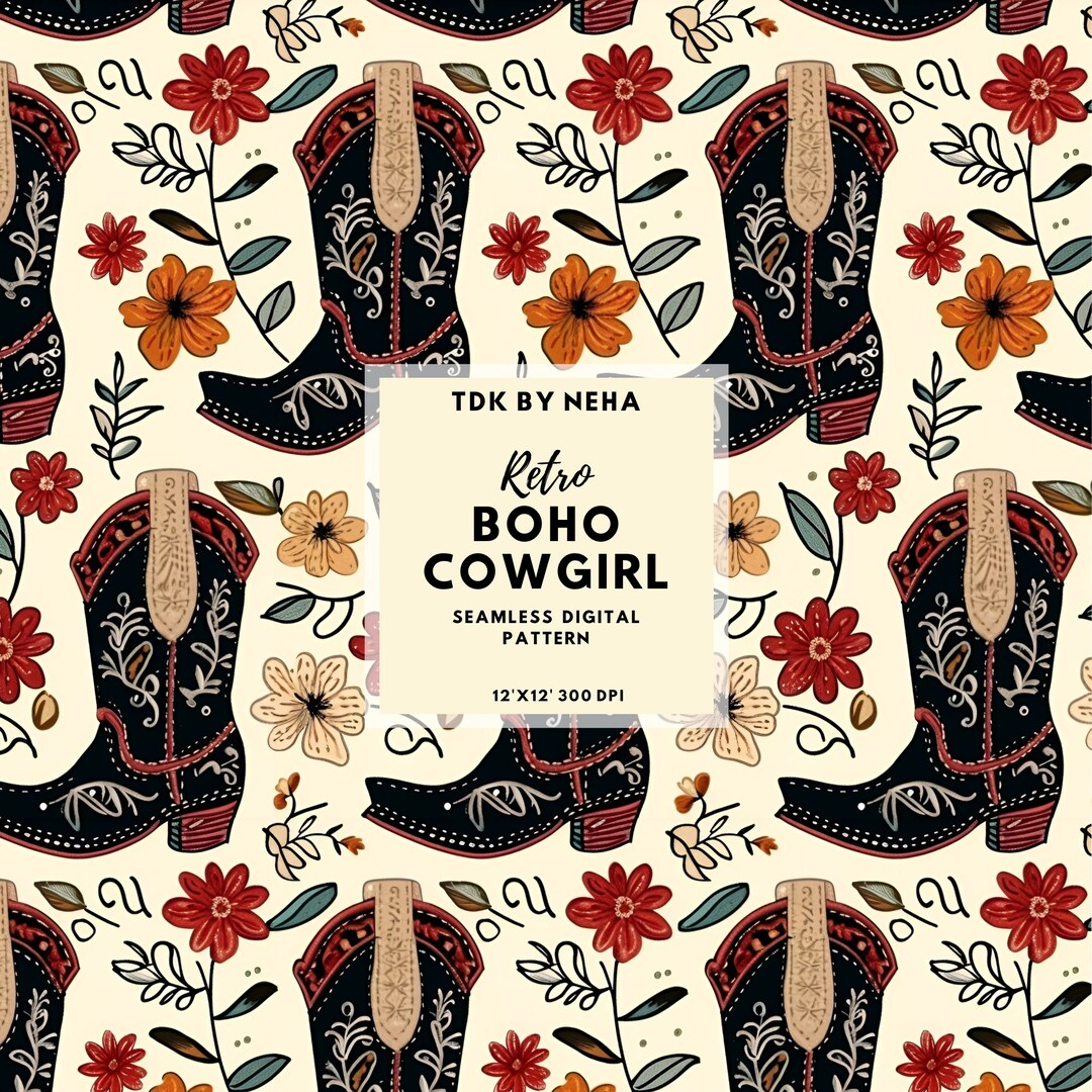 Retro Boho Cowgirl Boot Seamless Digital Paper for Fabric Printing ...