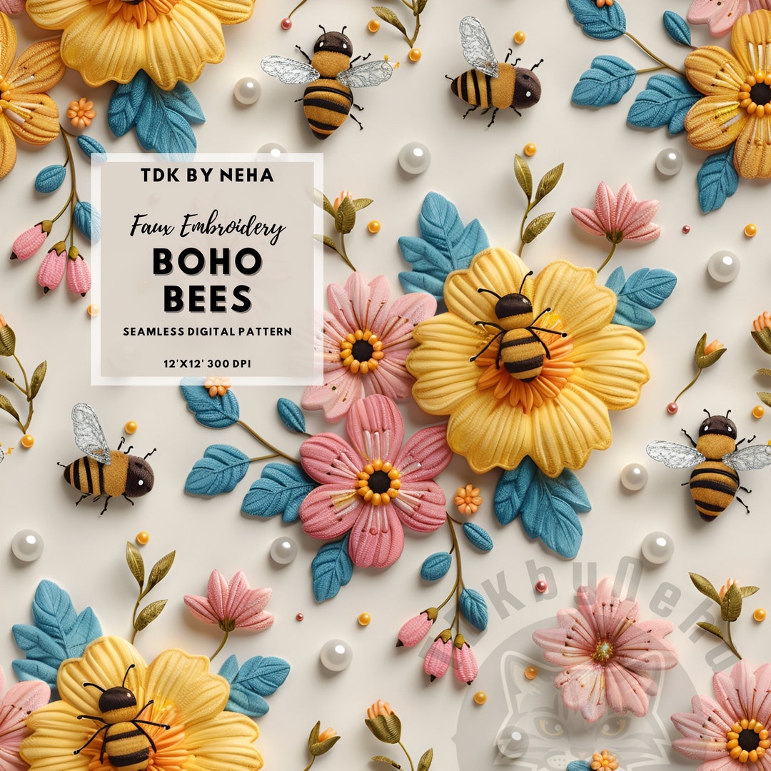 Summer Boho Floral Bees Faux Embroidery Seamless Digital Paper for ...