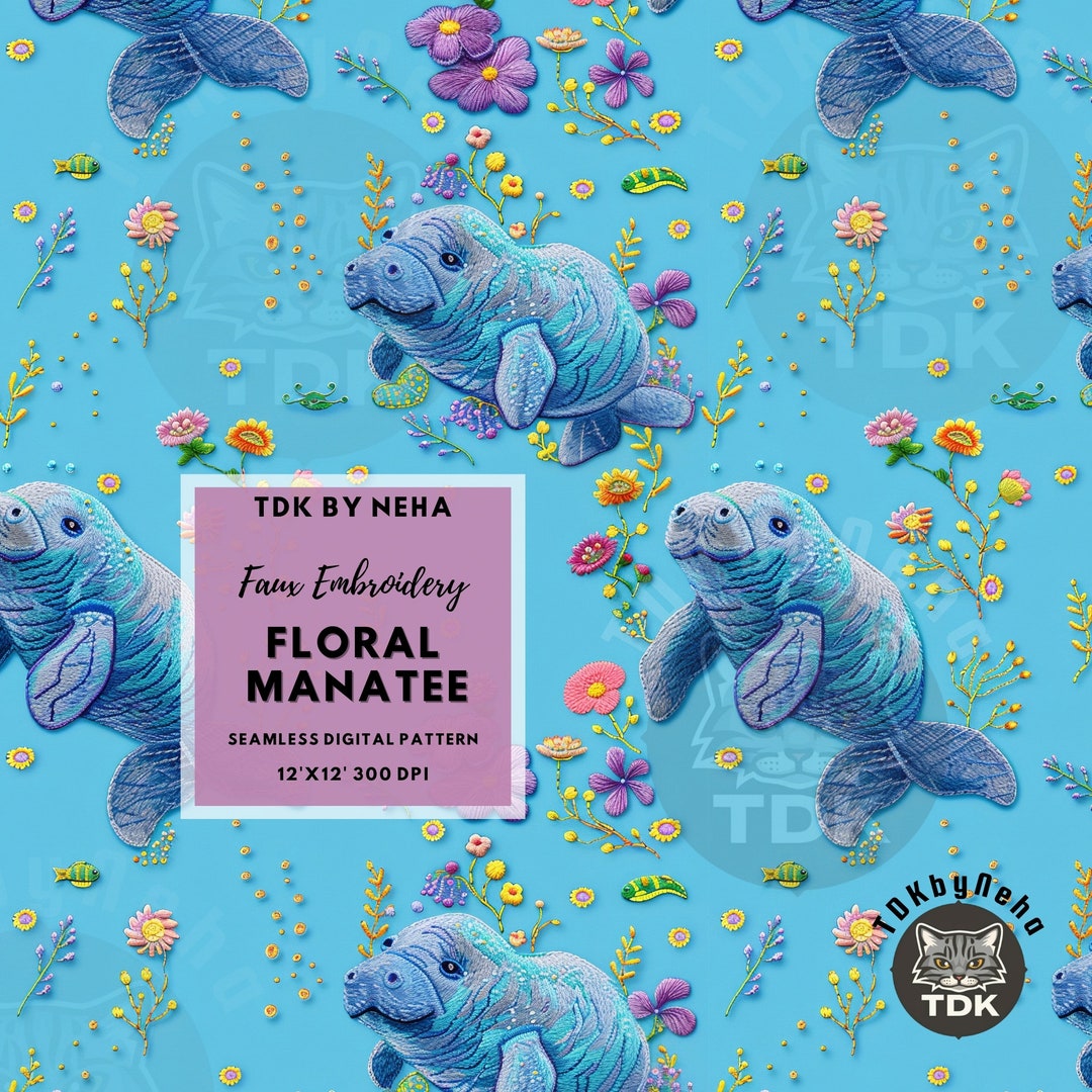 Floral Manatee Seamless Digital Paper for Fabric Printing, Under Sea ...