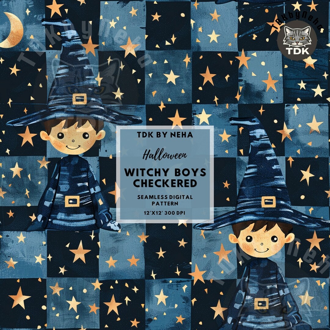 Boy Witchy Halloween Checker Seamless Digital Paper Fabric Print Blue ...