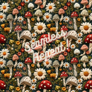 Ditsy Floral Mushroom Faux Embroidery Seamless Digital Paper for Fabric ...