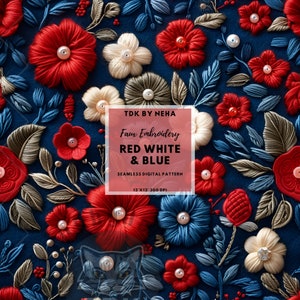 4th of July Floral Faux Embroidery Seamless Digital Paper Fabric Print ...