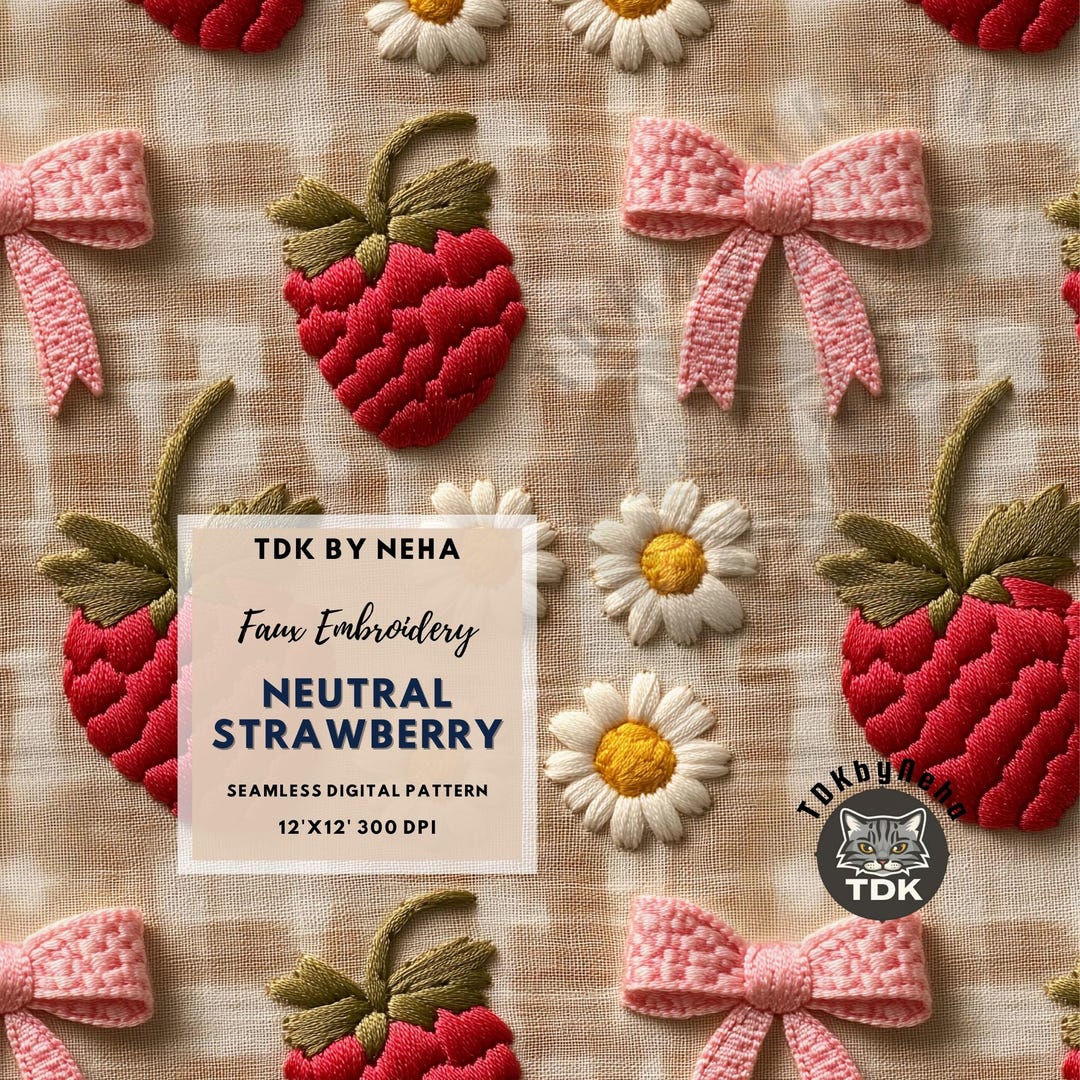 Neutral Summer Strawberry Embroidery Seamless Digital Paper for Fabric ...