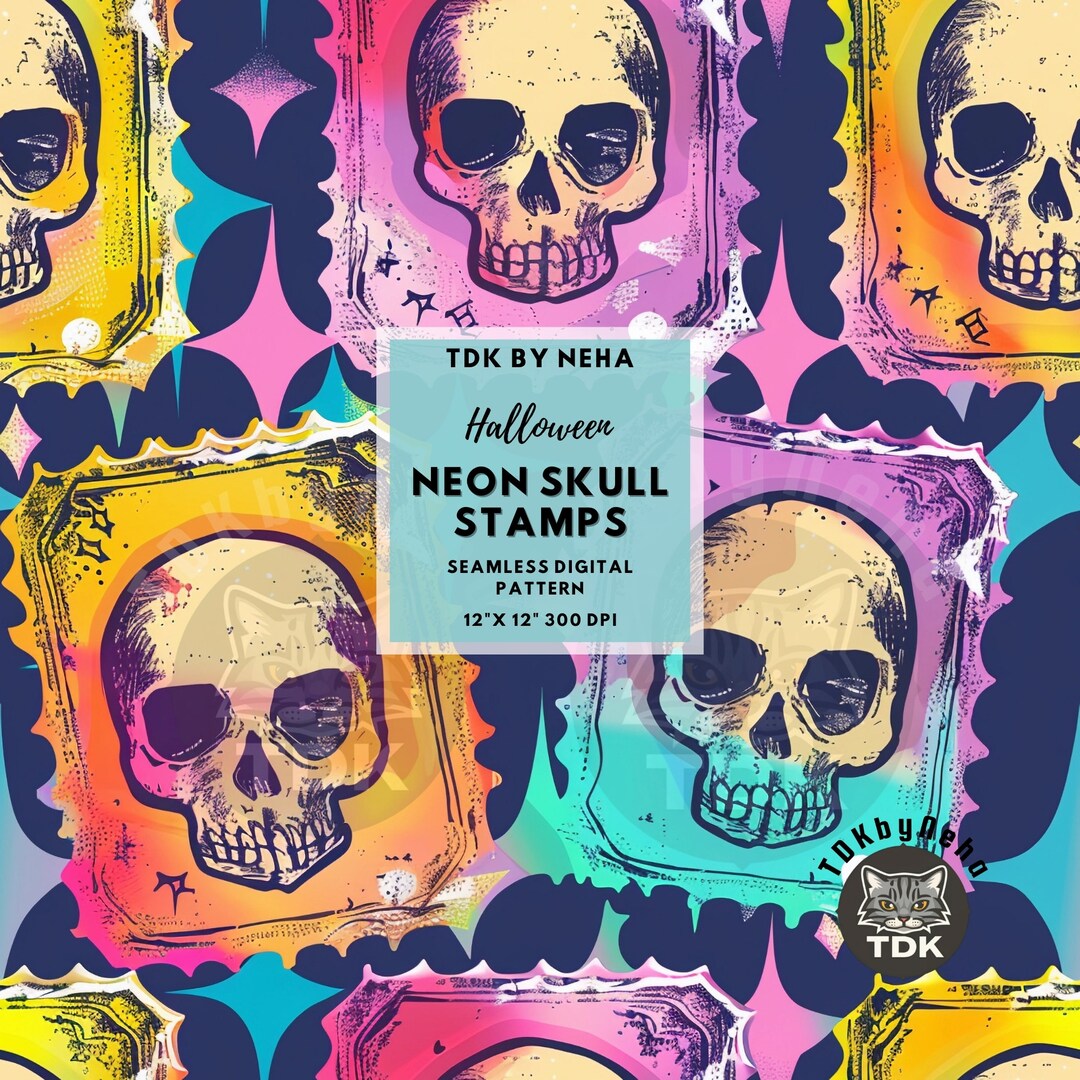 Halloween Neon Skull Stamps Seamless Pattern for Fabric Print, Spooky ...