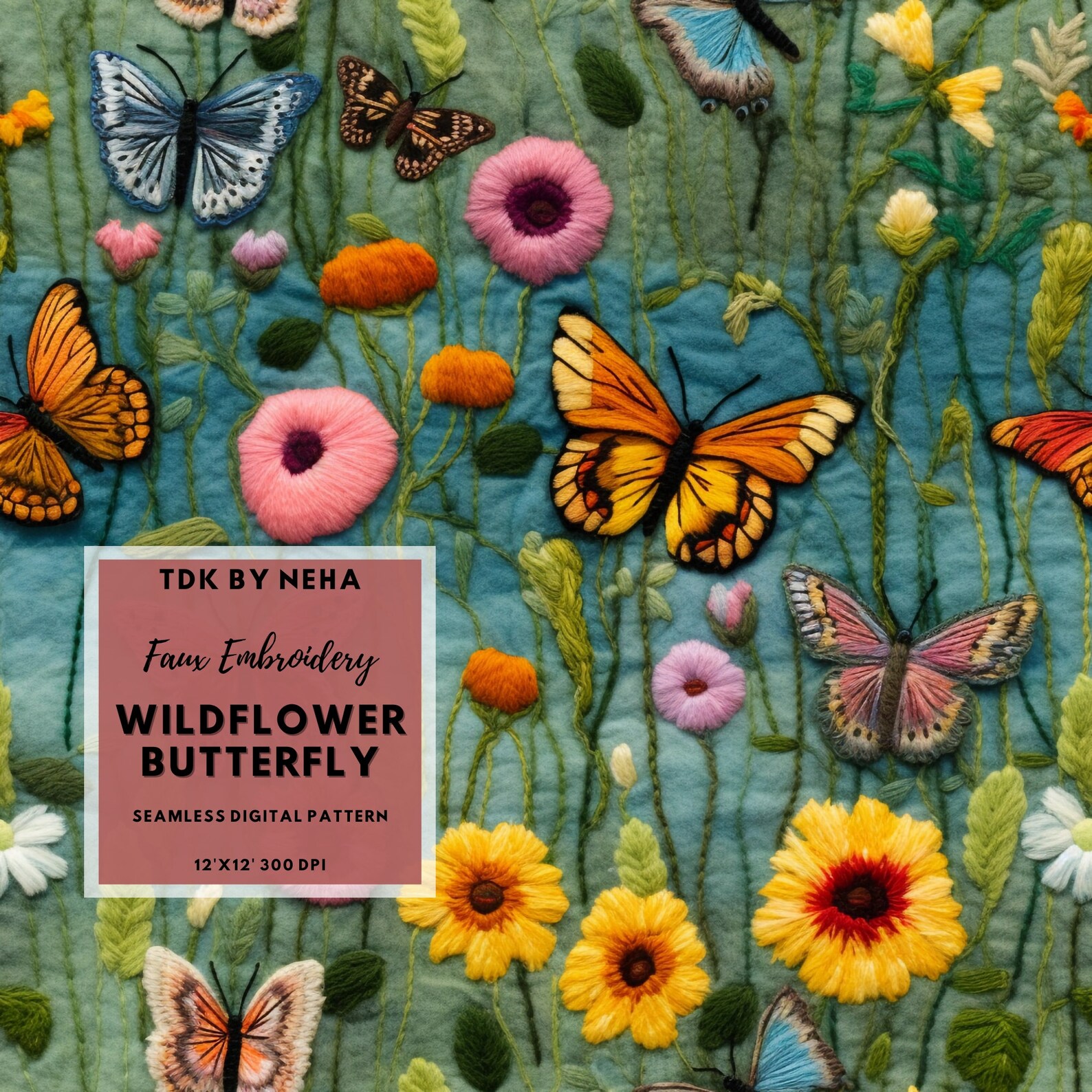 Spring Wildflower Faux Embroidery Seamless Digital Paper for Fabric ...