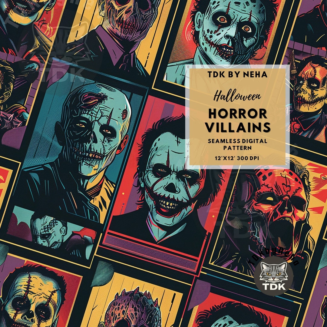 Retro Horror Villain Halloween Patchwork Seamless Digital Paper Fabric ...