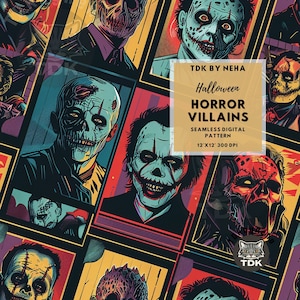 Retro Horror Villain Halloween Patchwork Seamless Digital Paper Fabric ...