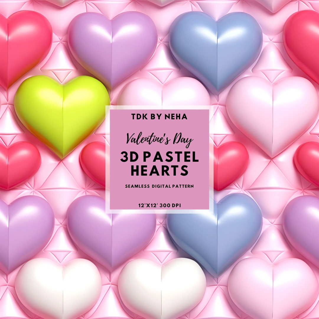 Valentine's Day 3D Inflated Heart Seamless, Pastel Heart Sublimation ...