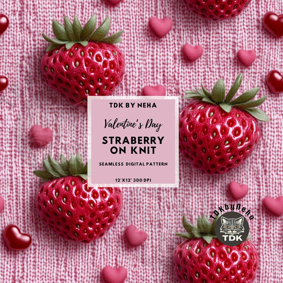 3D Love Strawberry Embroidery Seamless Pattern, Pink Valentines Fruit ...