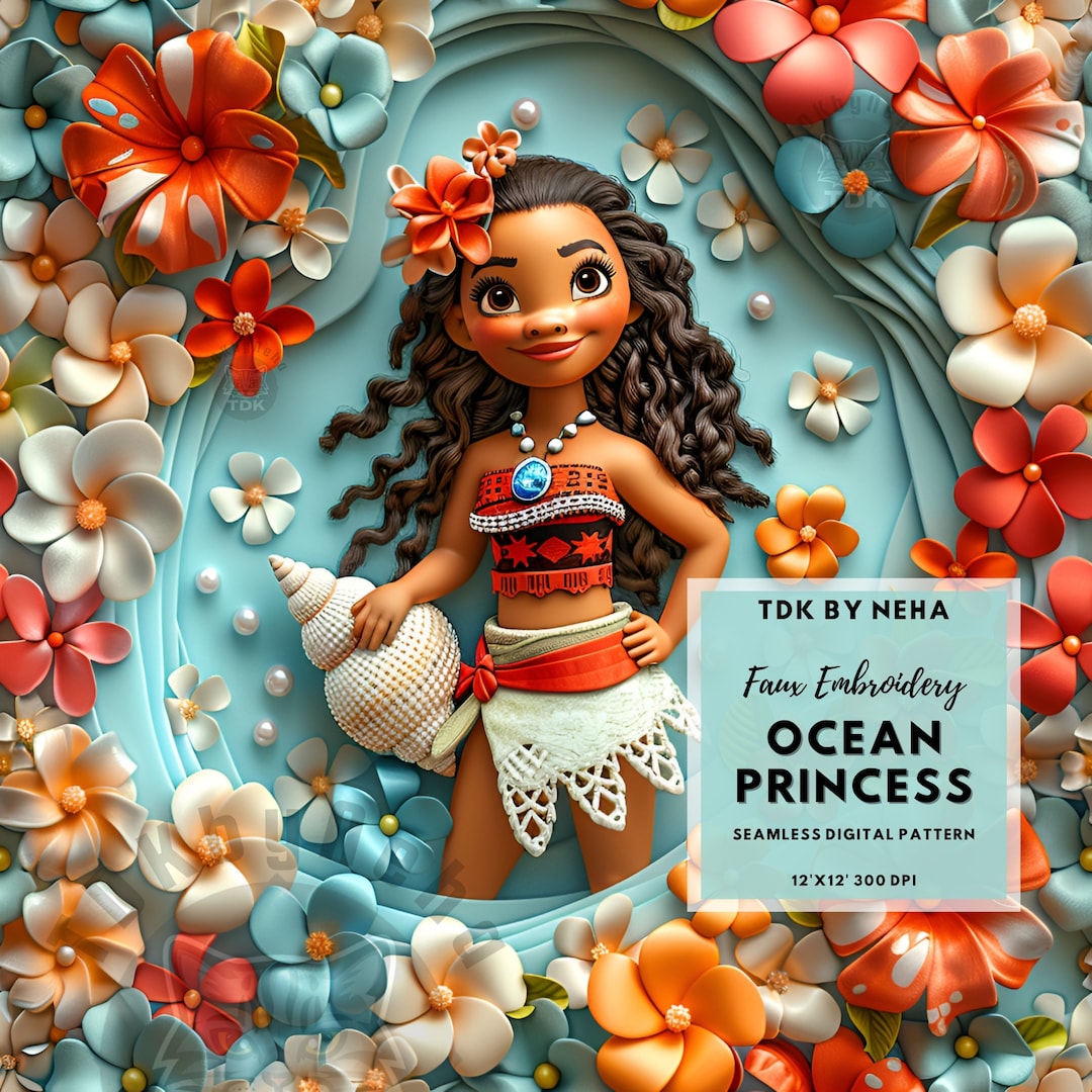 Ocean Princess Faux Embroidery Seamless Digital Paper for Fabric Print ...
