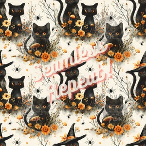 Fall Black Cats Seamless Faux Embroidery Digital Paper Fabric Print ...