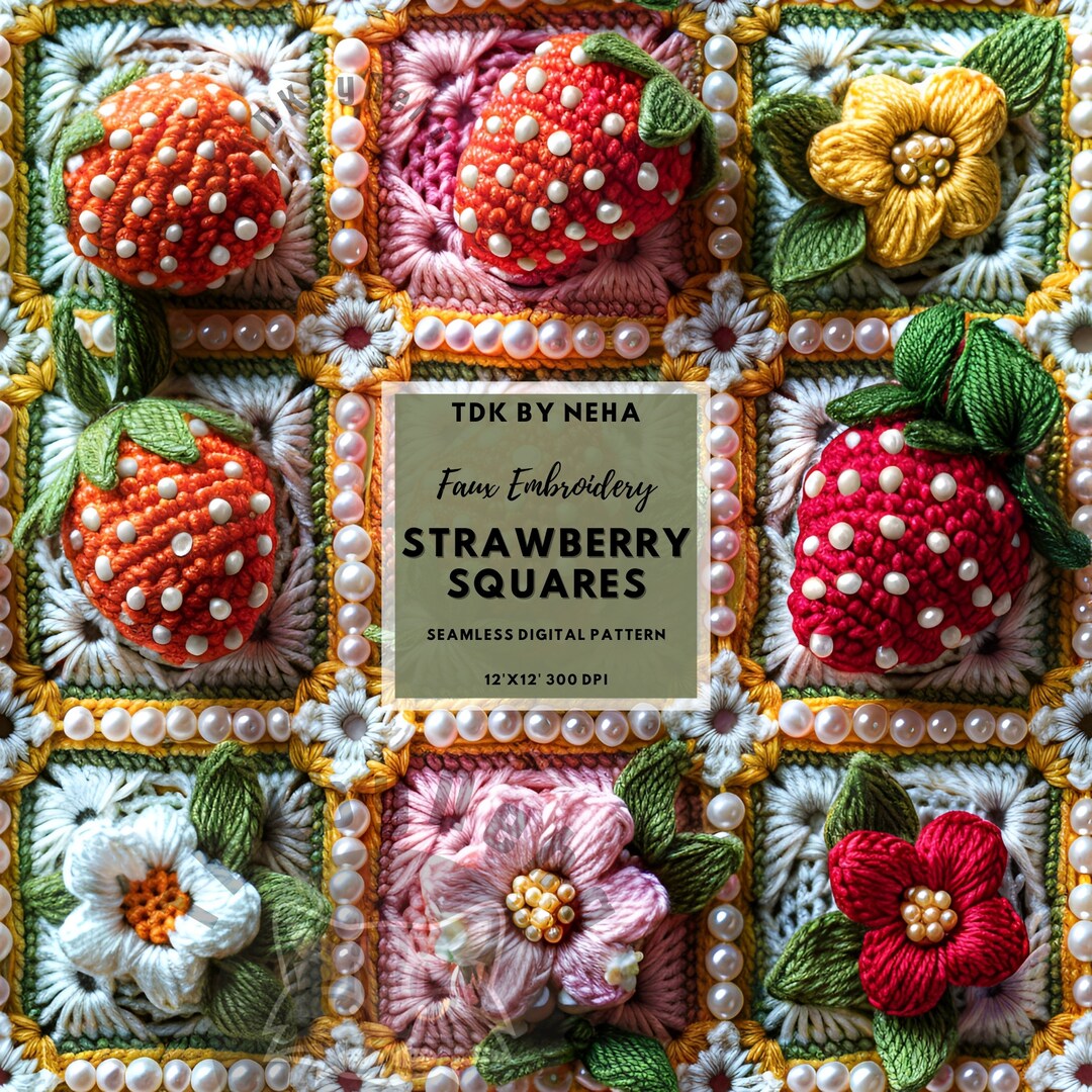 Strawberry Granny Square Faux Embroidery Seamless Digital Paper for ...