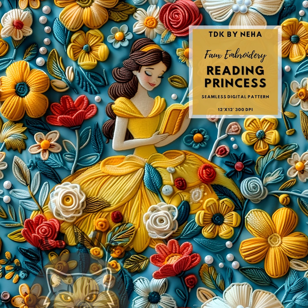 Reading Princess Faux Embroidery Seamless Digital Paper for Fabric ...