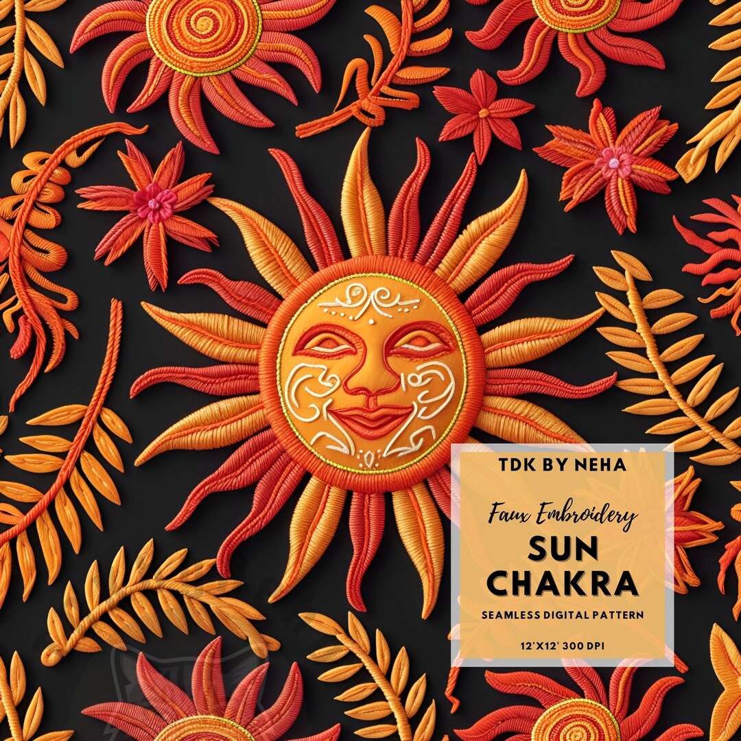 Warm Sun Chakra Faux Embroidery Seamless Digital Paper for Fabric ...