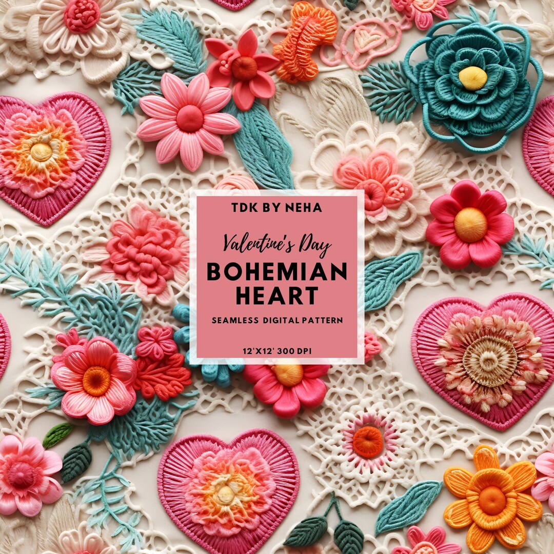 Bohemian Valentines Floral Heart Embroidery Seamless Pattern, Flowers ...
