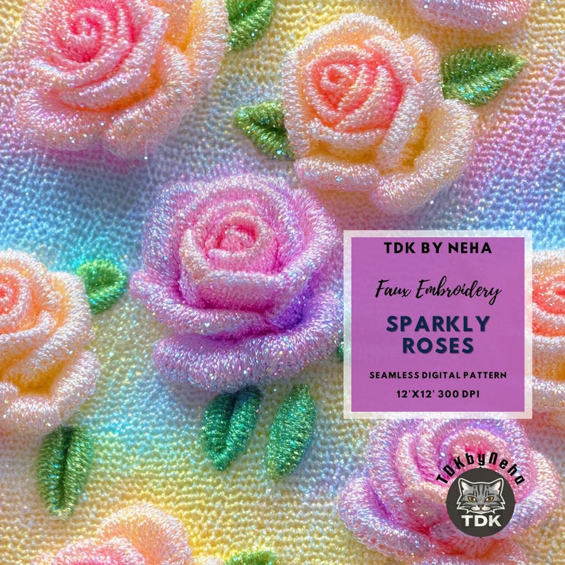 3D Neon Sparkly Roses Embroidery Seamless Pattern, Preppy Knit Flowers ...