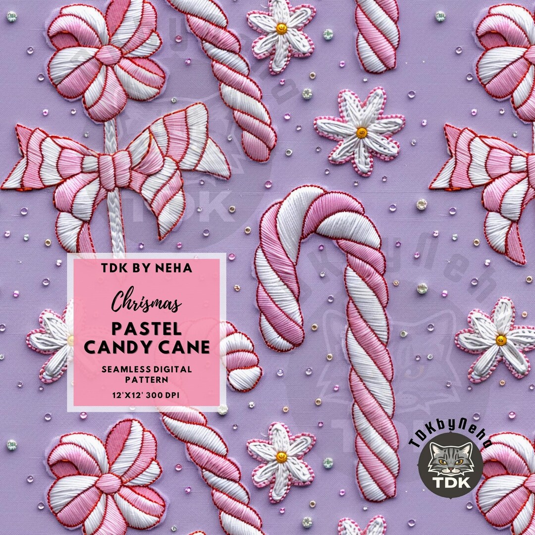 Pastel Candy Cane Embroidery Seamless Digital Paper for Fabric Print ...