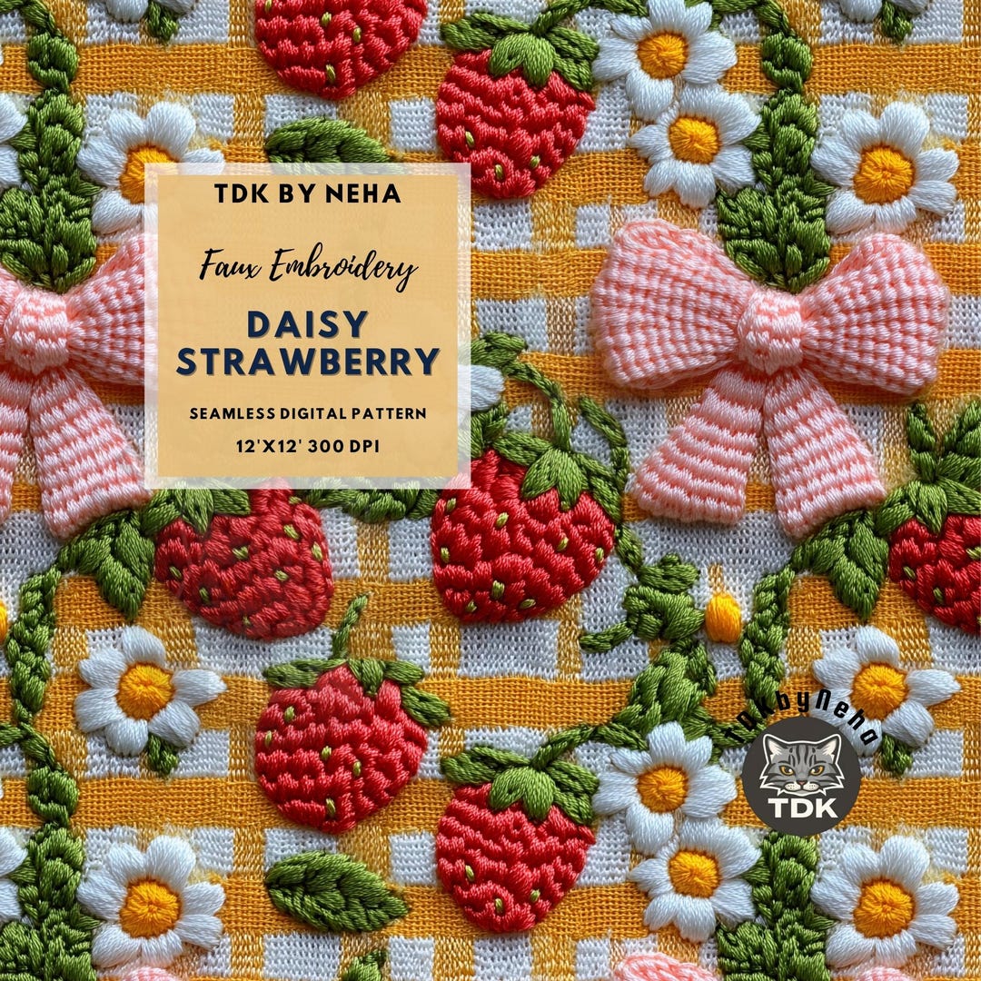 Daisy Strawberry and Bow Embroidery Seamless Digital Paper for Fabric ...