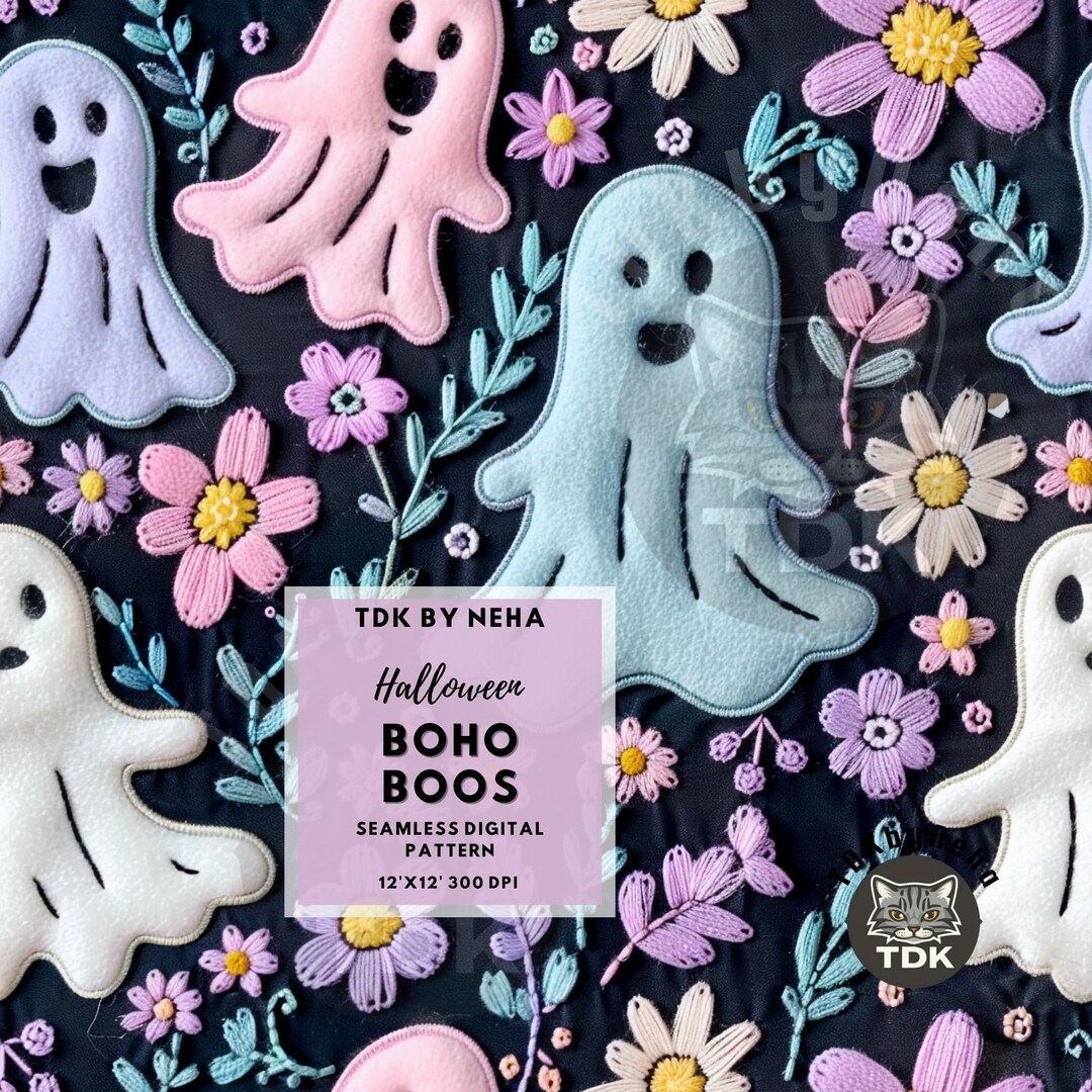 Boho Floral Ghosts Seamless Pattern for Fabric Print Daisy 3D Halloween ...