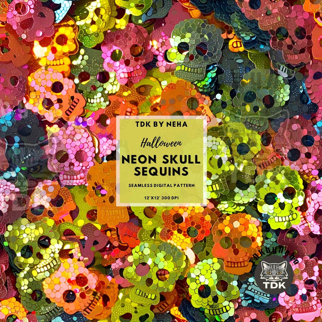 Halloween Neon Skull Faux Sequin Seamless Digital Paper for Fabric ...