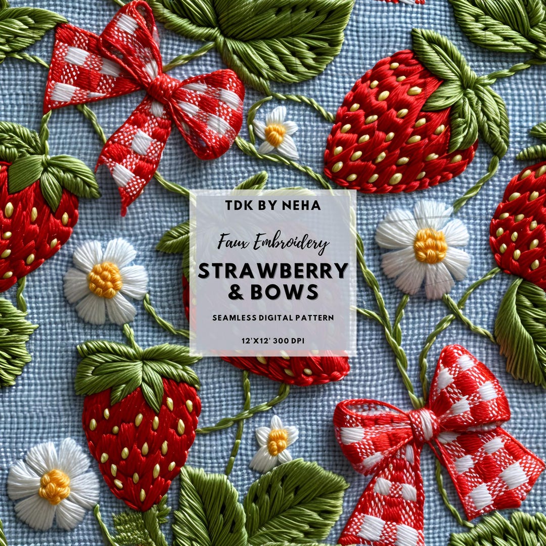 Strawberry Checkered Bow Faux Embroidery Seamless Digital Paper for ...