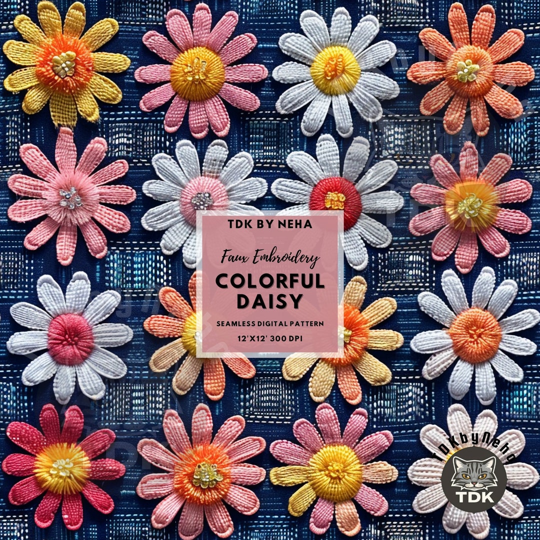 Denim Checkered Colorful Daisy Seamless Pattern Repeat File for Fabric ...