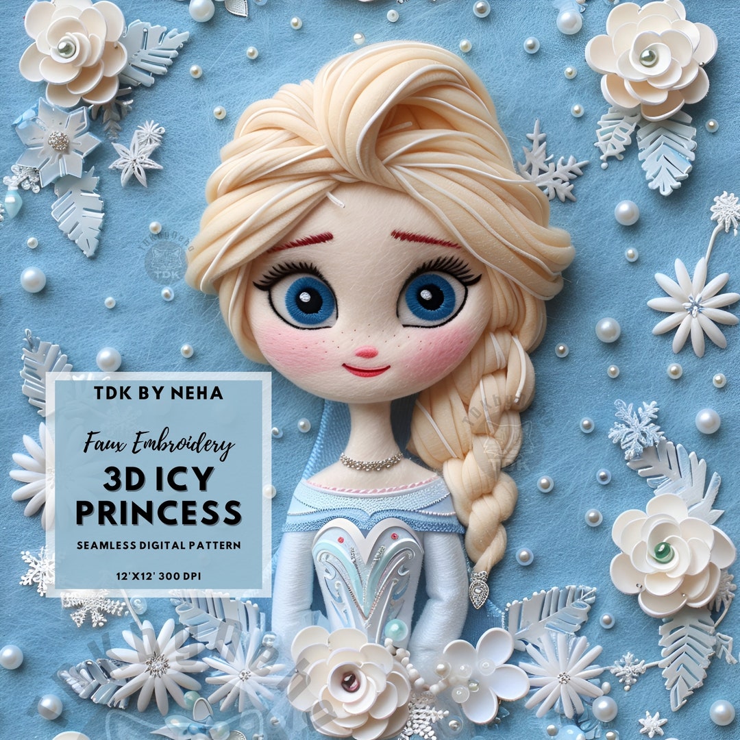 3D Cute Ice Princess Faux Embroidery Seamless Digital Paper for Fabric ...