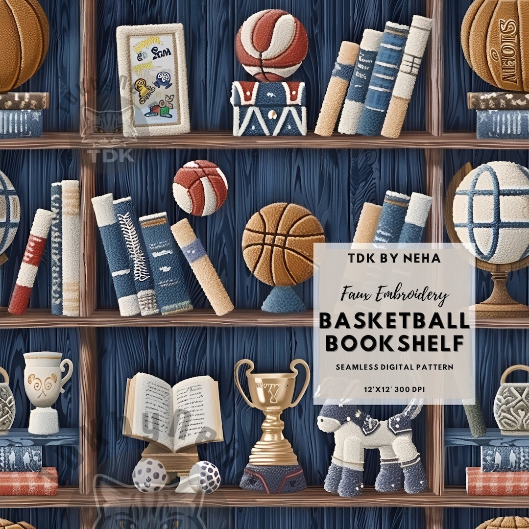 Boys Basketball Theme Bookshelf Faux Embroidery Seamless Digital Paper ...