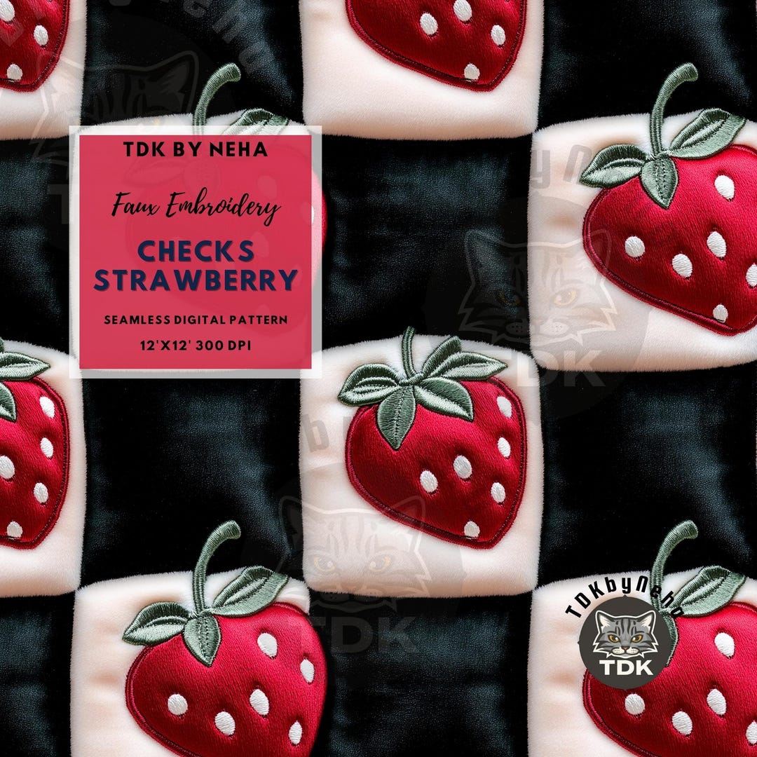 Checkered Strawberry Embroidery Seamless Pattern for Fabric Print, 3D ...