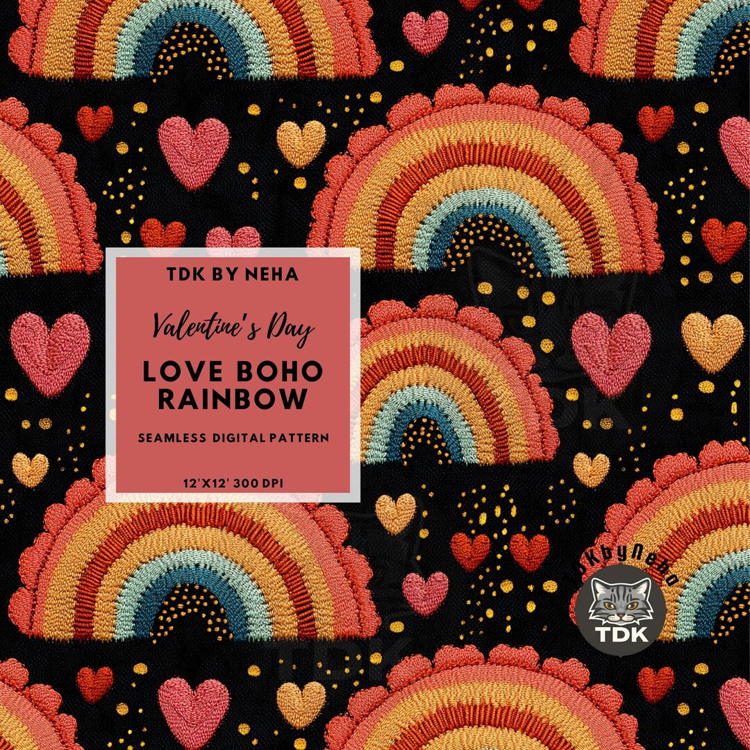 Retro Valentines Day Boho Rainbow Hearts Seamless Pattern for Fabric ...