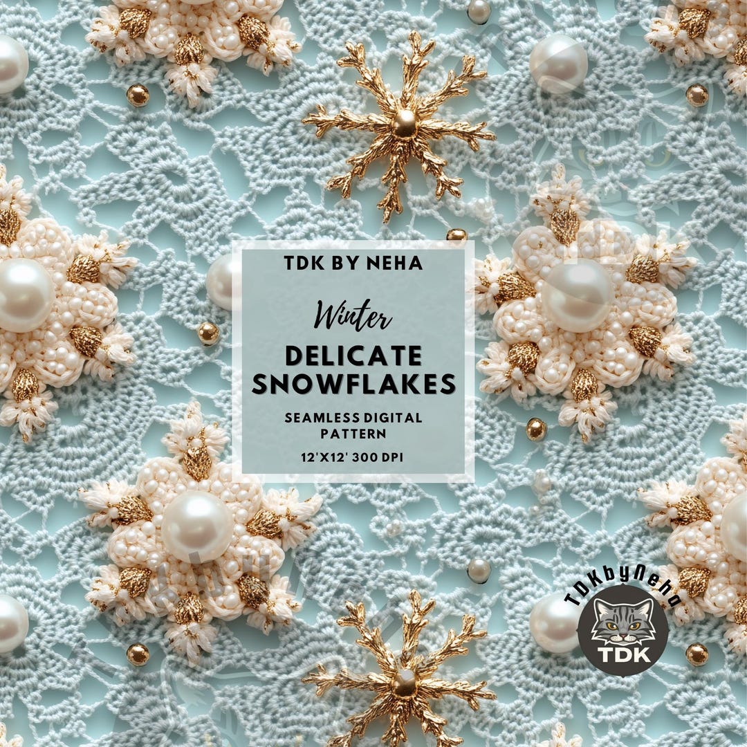 Exquisite Snowflakes Seamless Pattern, Glittery Snow Digital Print, Faux Crochet Snowflake for ...