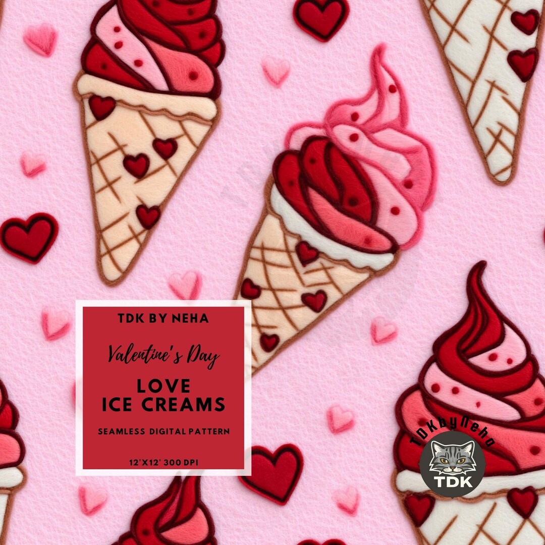 3D Valentines Day Ice Cream Faux Embroidery Seamless Digital Paper for ...
