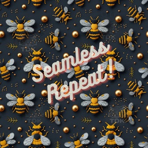 3D Honey Bees Faux Embroidery Seamless Digital Paper Fabric Print ...