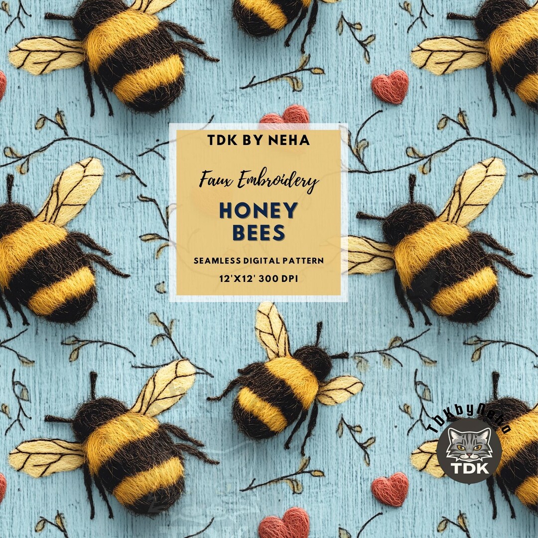 Summer Boho Floral Bees Embroidery Seamless Pattern Digital Paper for ...