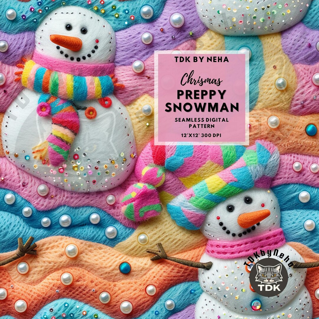 Preppy Christmas Snowman Embroidery Seamless Digital Paper for Fabric ...