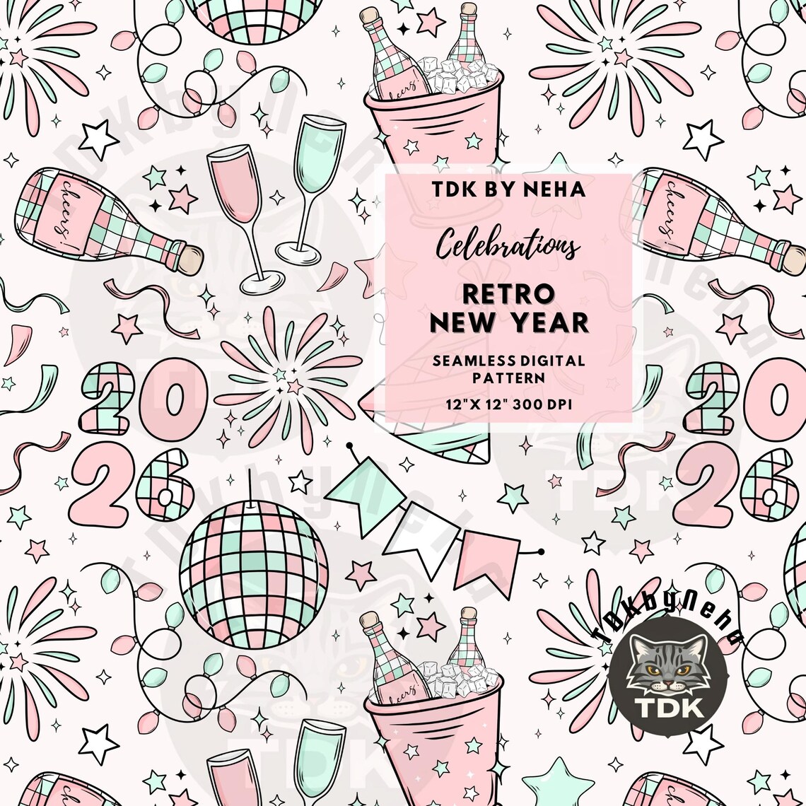 Retro New Year Seamless Digital Paper for Fabric Print, Pastel Disco ...