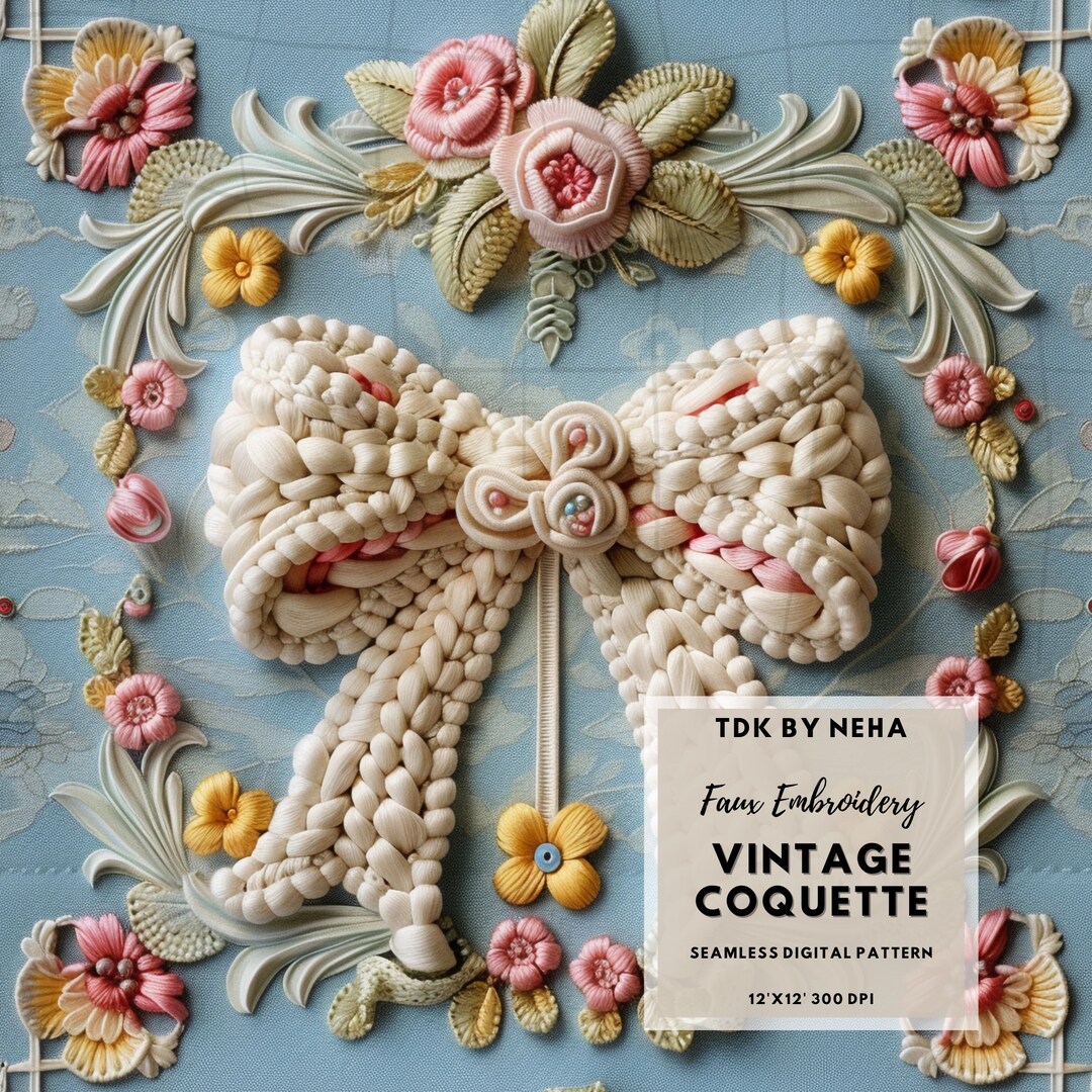 Vintage Coquette Bow Faux Embroidery Seamless Digital Paper for Fabric ...