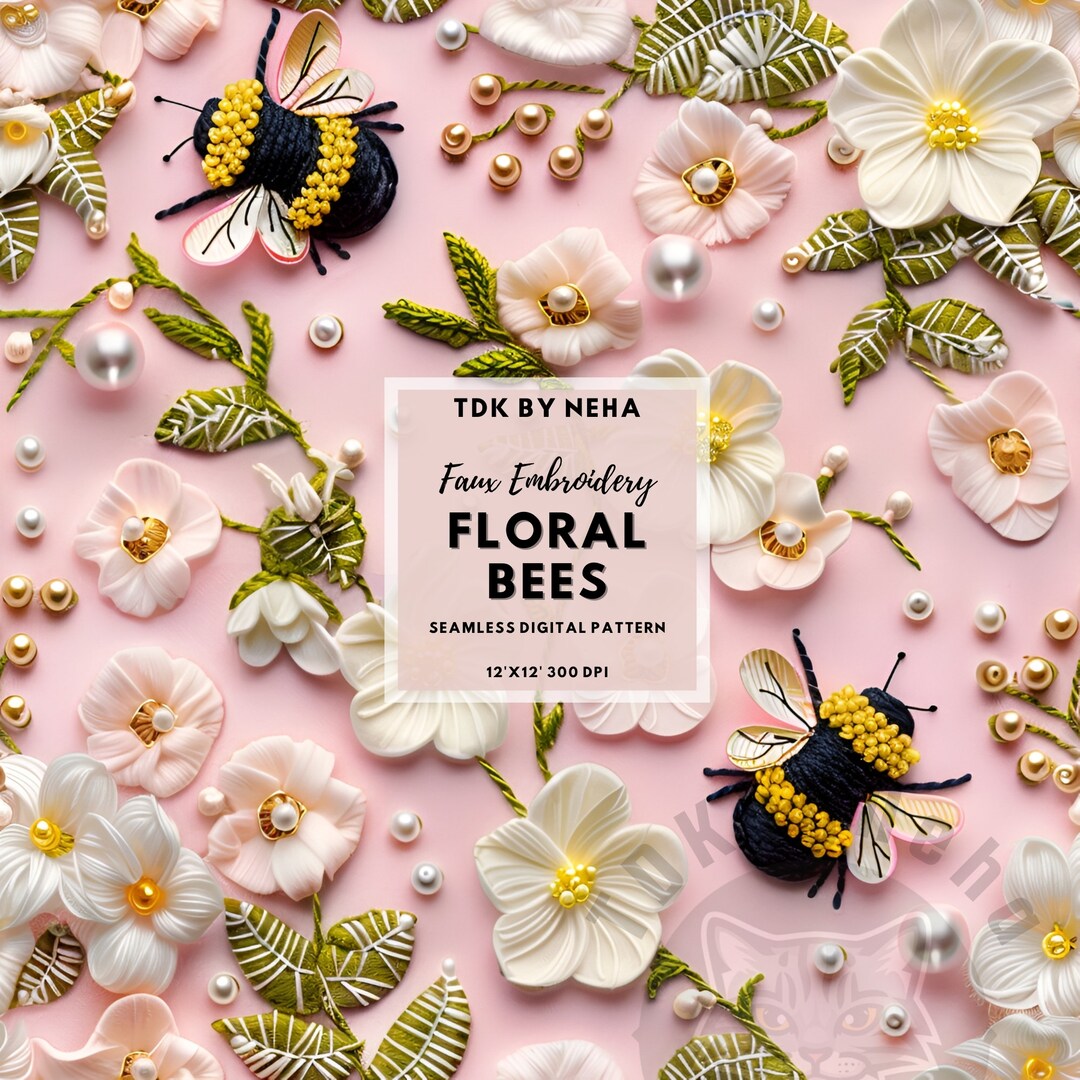 Floral Bees Faux Embroidery Seamless Pattern, Summer Spring Honey Bees ...