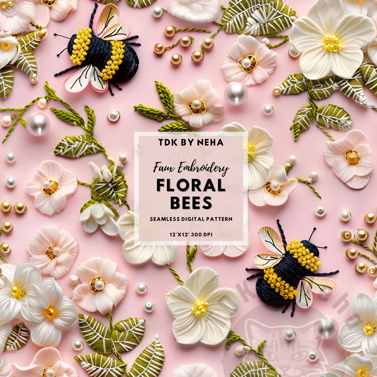 Floral Bees Faux Embroidery Seamless Pattern, Summer Spring Honey Bees ...