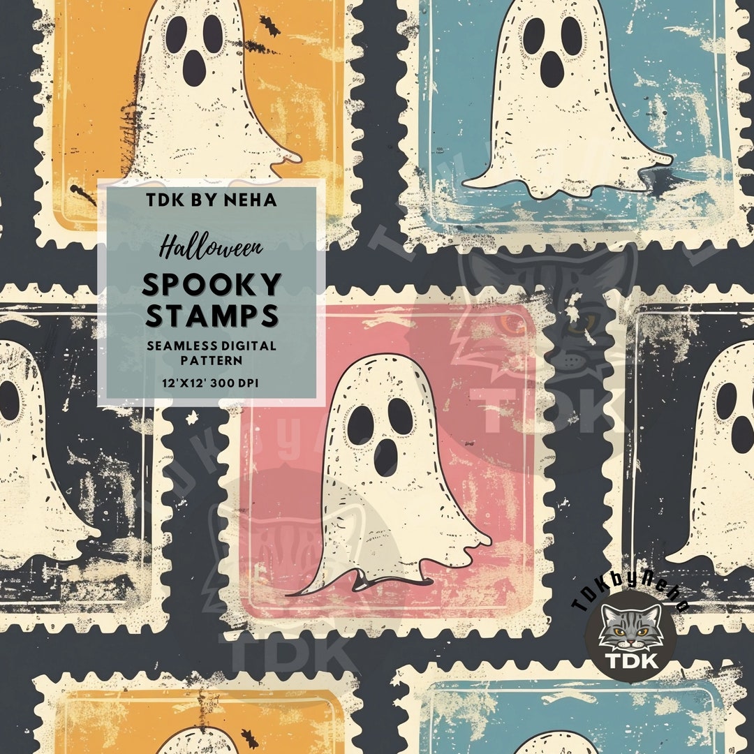 Retro Spooky Ghost Stamps Seamless Pattern for Fabric Print, Girly Cute ...