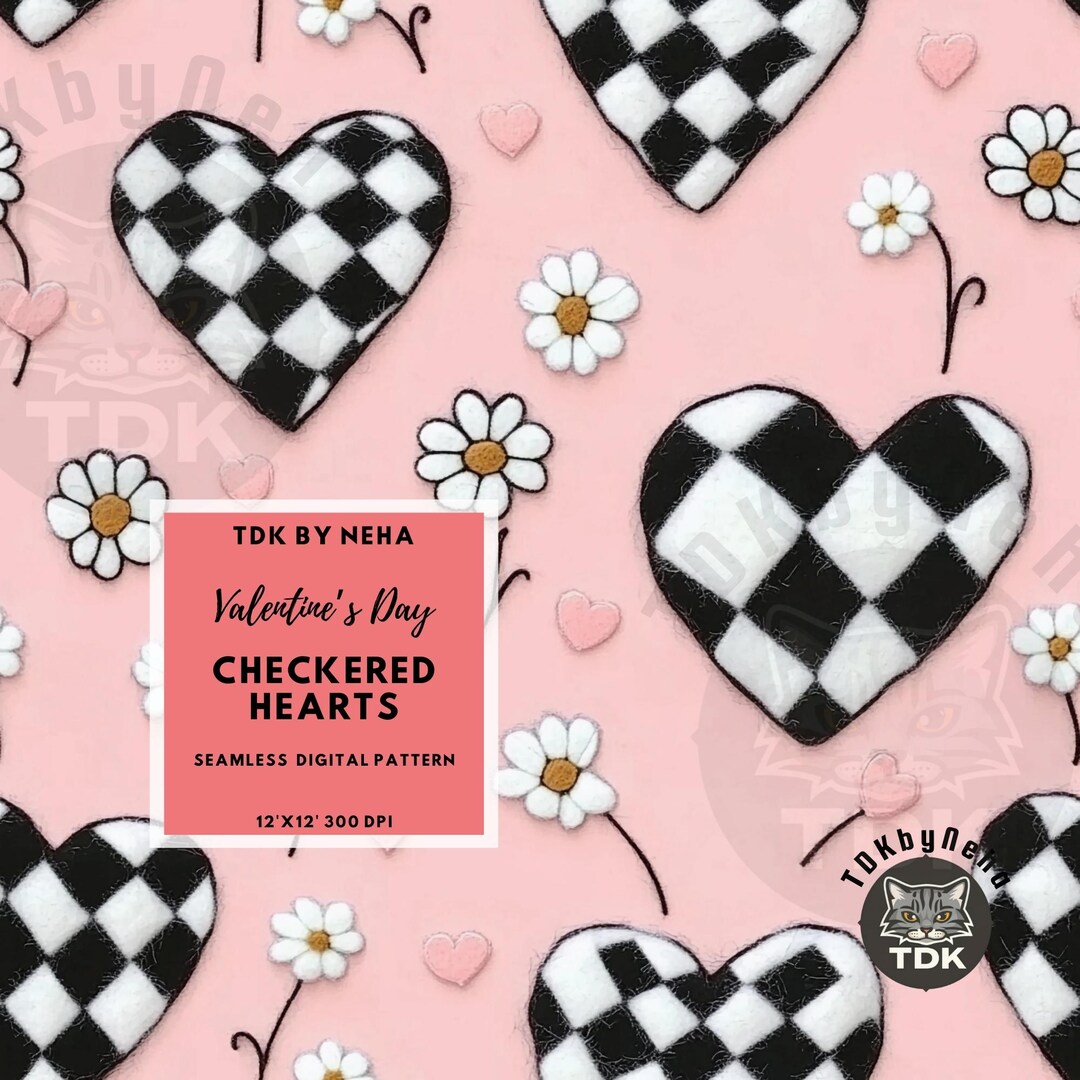 Valentines Floral Embroidery Seamless Pattern, Checker Pink Hearts and ...