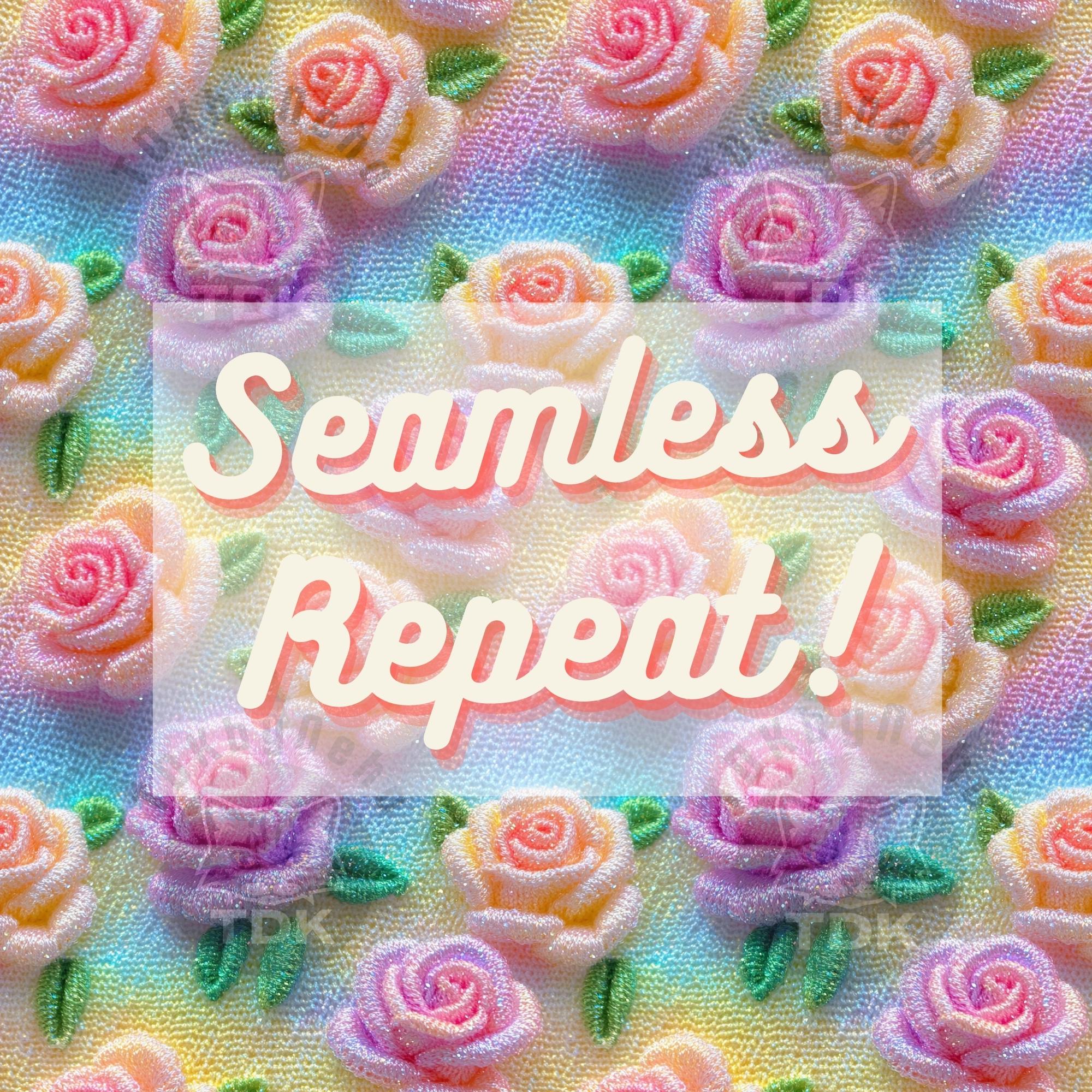 3D Neon Sparkly Roses Embroidery Seamless Pattern, Preppy Knit Flowers ...