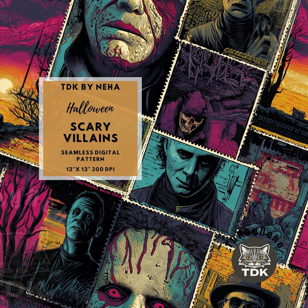 Retro Horror Villain Halloween Patchwork Seamless Digital Paper Fabric ...