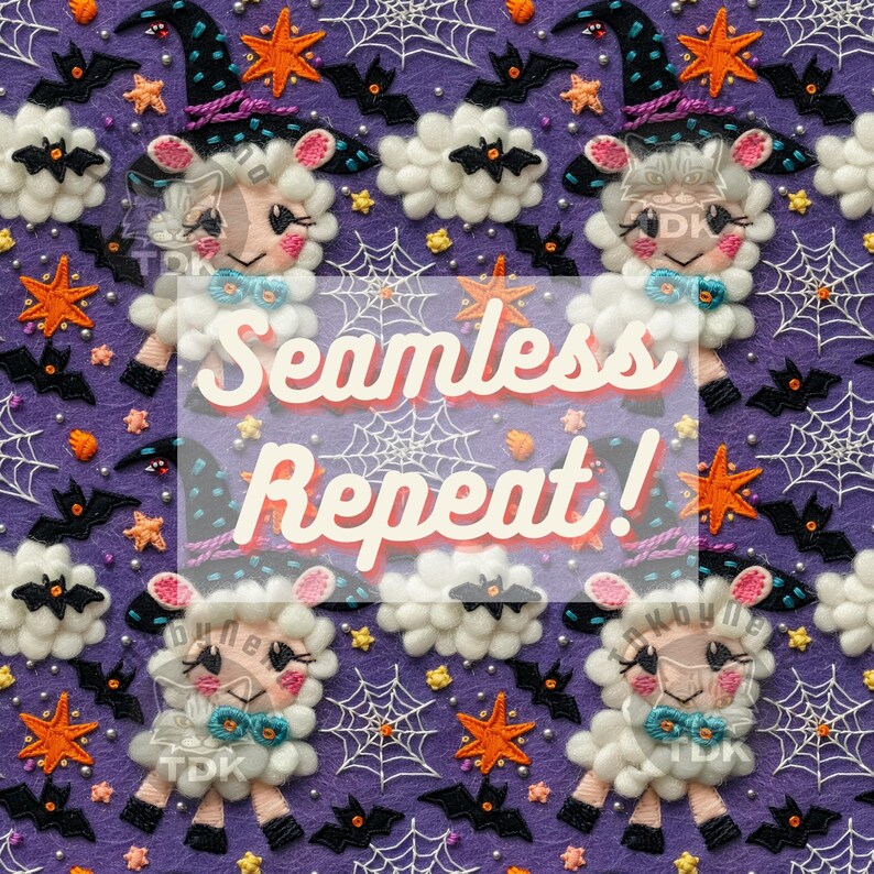Witch Hat Sheep Seamless Faux Embroidery Digital Paper Fabric Print 3D ...