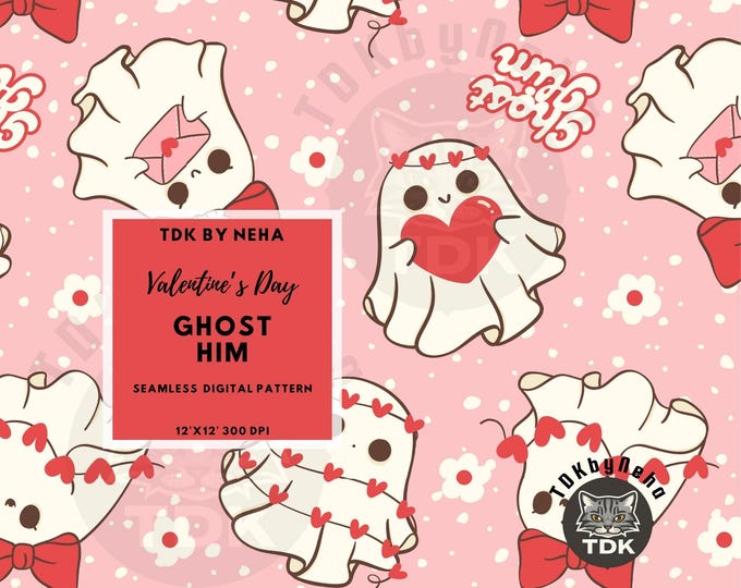 Spooky Valentines Ghost Seamless Pattern, Cute Ghost Him Pink Hearts ...
