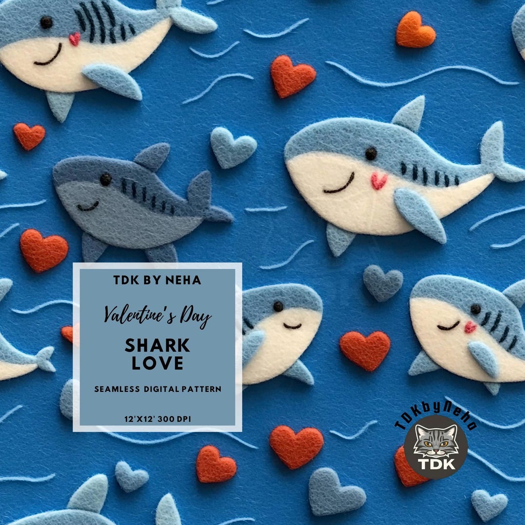 3D Shark & Heart Embroidery Seamless Pattern for Fabric Print, Under ...