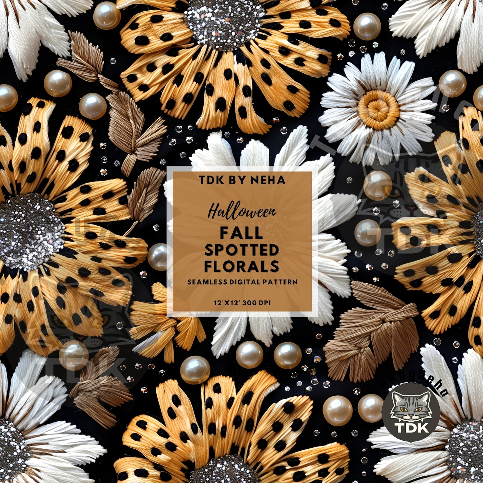 Fall Leopard Spotted Daisy Faux Embroidery Seamless Digital Paper ...