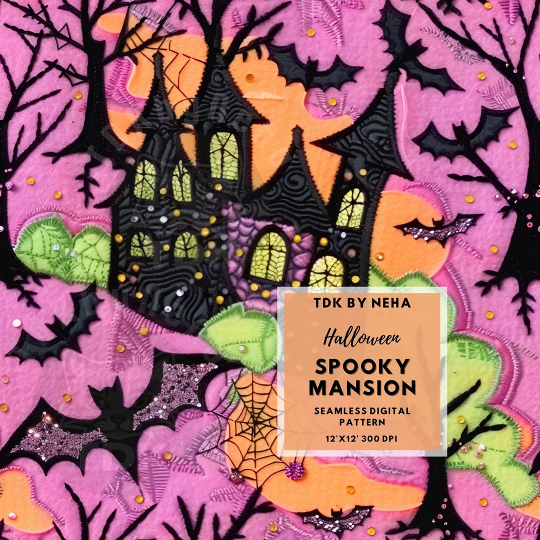 Neon Spooky Haunted House Halloween Patchwork Seamless Digital Paper ...